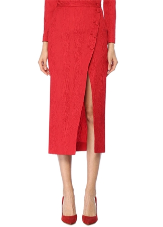 Alexa Chung Kadın Kırmızı Asimetrik Düğmeli Yırtmaçlı Midi Etek 0 US