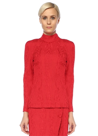 Alexa Chung Kadın Kırmızı Dik Yaka Sırt Dekolteli Uzun Kol Bluz 0 US