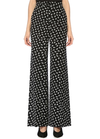Alexa Chung Kadın Siyah Yüksek Bel Çiçekli Bol Paça Krep Pantolon 8 US