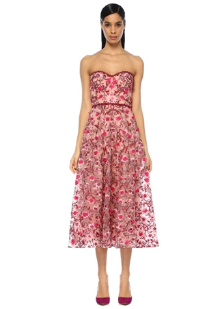Marchesa Notte Kadın Pembe Straplez Çiçek Aplikeli Midi Kokteyl Elbise 2 US