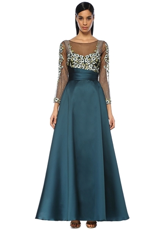 Marchesa Notte Kadın Petrol Nakışlı Maksi Tafta Abiye Elbise Mavi 4 US