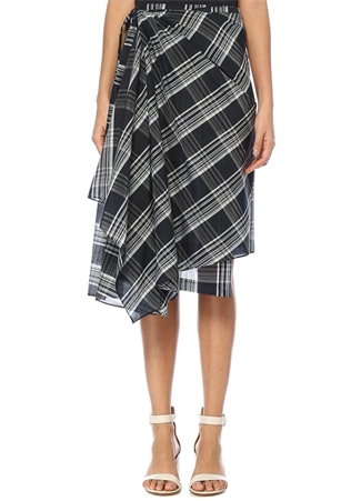 Brunello Cucinelli Kadın Lacivert Ekoseli Asimetrik Midi Anvelop Etek 38 IT