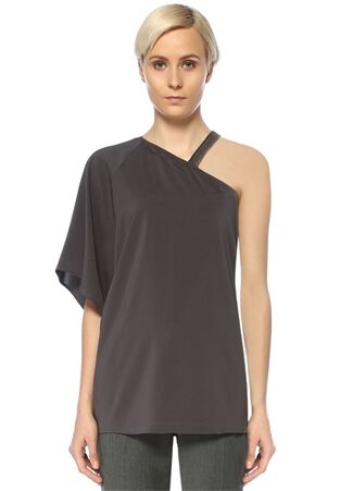 Brunello Cucinelli Kadın Antrasit Zincir Askılı Asimetrik İpek Bluz Gri XS EU