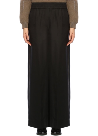 Brunello Cucinelli Kadın Siyah Yüksek Bel Bol Paça Şeritli Saten Pantolon 42 IT
