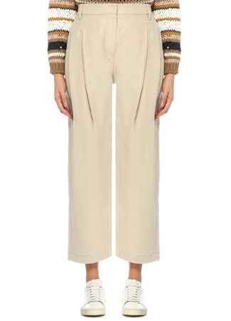 Brunello Cucinelli Kadın Bej Yüksek Bel Bol Kesim Pilili Keten Pantolon 38 IT