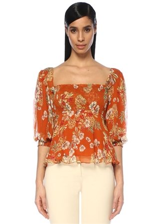 Nicholas Kadın Turuncu Kare Yaka Çiçekli Balon Kol İpek Bluz 2 US