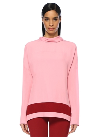 Marni Kadın Pembe Dik Yaka Kontrast Şeritli Uzun Kol İpek Bluz 40 IT