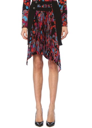 Givenchy Kadın Siyah Çiçekli Pilili Drape Detaylı Mini Yün Etek 38 FR