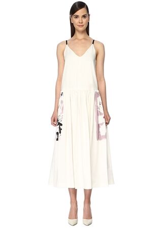 Dries Van Noten Kadın Dita Beyaz V Yaka Çiçekli Büzgülü Midi Elbise 36 FR