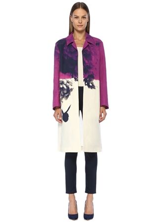 Dries Van Noten Kadın Kelebek Yaka Çiçek Desenli Keten Pardösü Mor 38 FR