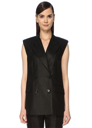 Dries Van Noten Kadın Butrio Siyah Kırlangıç Yaka Düğmeli Kruvaze Yelek 40 FR