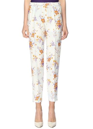 Dries Van Noten Kadın Palmira Ekru Çiçek Desenli Dar Paça Pantolon Bej 36 FR