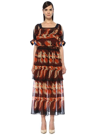 Fendi Kadın Kayık Yaka Desenli Kısa Kol Maksi İpek Elbise Bej 40 IT