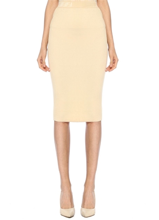 Fendi Kadın Bej Beli Logo Jakarlı Midi Kalem Triko Etek 42 IT