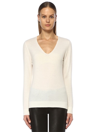 Tru Kadın Krem V Yaka Lightweight Cashmere Merino Triko Bej S/M EU