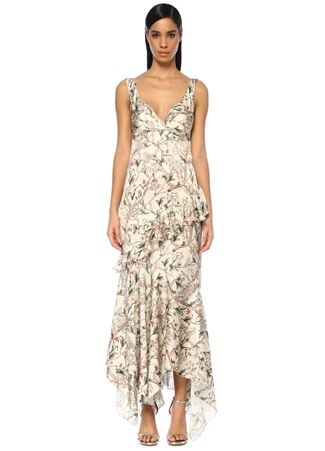 Johanna Ortiz Kadın Divine Intervention Ekru Çiçekli Maksi İpek Elbise Bej 4 US
