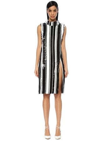 Halpern Kadın Siyah Beyaz Dik Yaka İşlemeli Çizgili Midi Elbise 36 FR