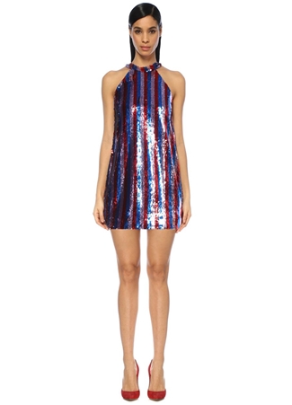 Halpern Kadın Halter Yaka İşlemeli Çizgili Mini Abiye Elbise 36 FR