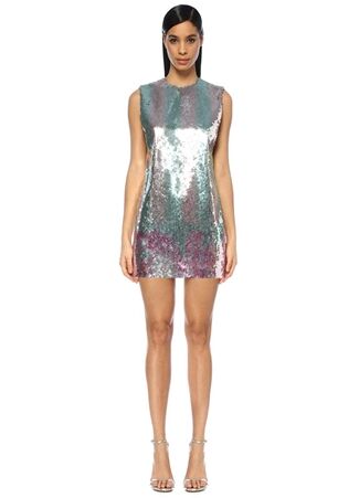 Halpern Kadın Mavi Pembe İşlemeli Kolsuz Mini Abiye Elbise 36 FR