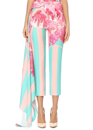 Halpern Kadın Pembe Yüksek Bel Çiçekli Drapeli Crop Pantolon Mavi 36 FR