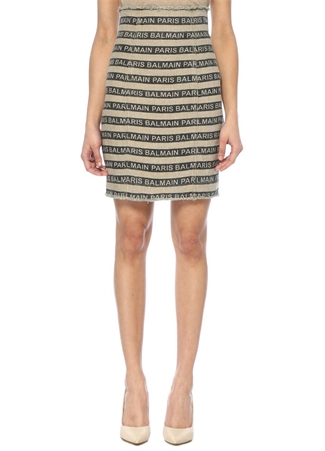 Balmain Kadın Bej Lacivert Logo Baskılı Keten Kalem Etek 36 FR