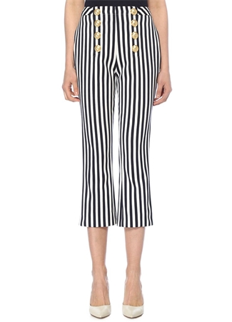 Balmain Kadın Lacivert Beyaz Çizgili Gold Düğmeli Crop Pantolon Mavi 38 FR