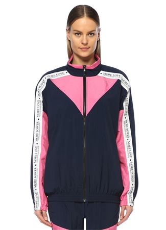 Forte Couture Kadın Lacivert Pembe Dik Yaka Şeritli Sweatshirt Mavi XS EU