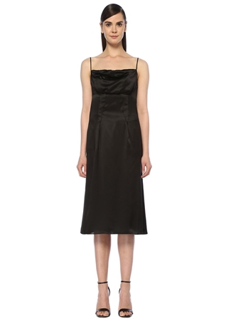 Versace Kadın Siyah İnce Askılı Drapeli Midi İpek Saten Elbise 40 IT