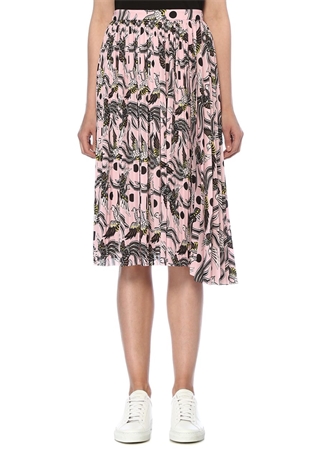 Kenzo Kadın Pembe Kuş Desenli Asimetrik Pilili Midi Etek 36 FR