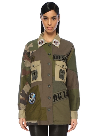 Dolce&Gabbana Kadın Haki Kamuflaj Desenli Logo Patch Detaylı Parka 40 IT