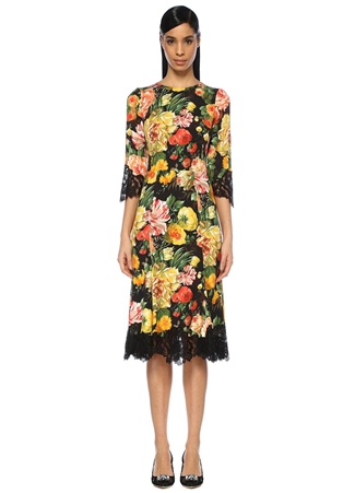 Dolce&Gabbana Kadın Siyah Çiçekli Dantelli Truvakar Kol Midi Elbise Lacivert 38 IT
