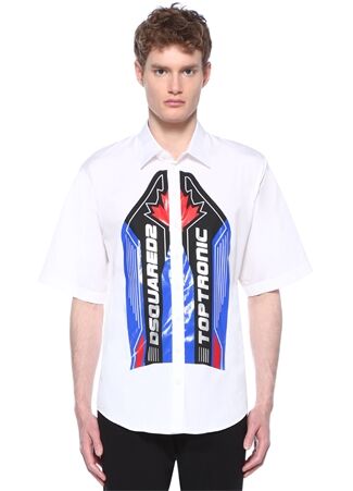 Dsquared2 Erkek Beyaz İngiliz Yaka Baskılı Kısa Kollu Gömlek 48 IT