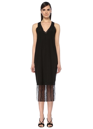 Beymen Collection Kadın Siyah V Yaka Dantel Garnili Midi İpek Elbise 36