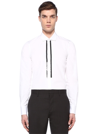 Dsquared2 Erkek Beyaz İngiliz Yaka Şerit Pulpayetli Gömlek 46 IT