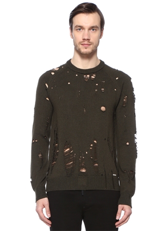 Dsquared2 Erkek Haki Bisiklet Yaka Yıpratmalı Püsküllü Yün Kazak Yeşil S EU