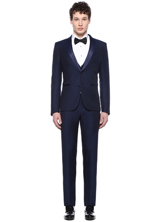 Corneliani CC Collection Erkek Drop 8 Lacivert Saten Garnili Yelekli Yün Smokin 48 IT