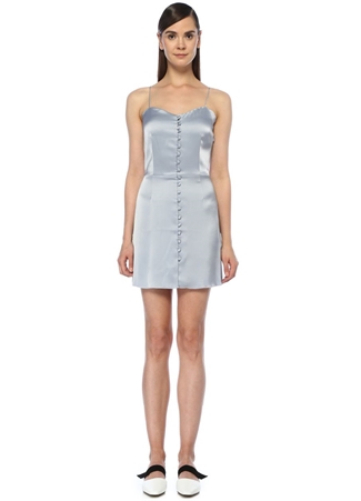 Nanushka Kadın Mabel Mavi Önü Düğmeli Mini Saten Elbise L EU