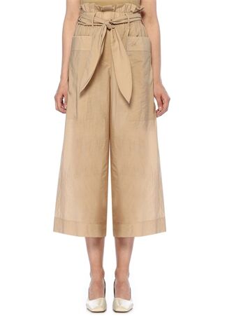 Nanushka Kadın Ines Bej Yüksek Bel Kuşaklı Bol Crop Pantolon Kahverengi XS EU