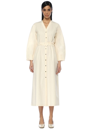 Nanushka Kadın Femme Ekru V Yaka Balon Kol Midi Gömlek Elbise Bej M EU