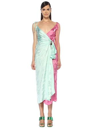 The Attico Kadın Pembe Yeşil V Yaka Taşlı Midi Anvelop Elbise Mavi 40 IT