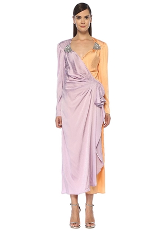 The Attico Kadın Lila Turuncu V Yaka Taşlı Midi Anvelop Elbise Mor 42 IT