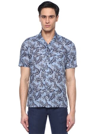 Corneliani Id Erkek Drop 2 Mavi Kamp Yaka Baskılı Keten Gömlek 40 IT
