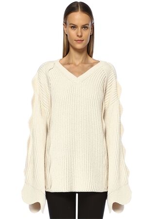 Stella McCartney Kadın Ekru V Yaka Kıvrım Detaylı Oversize Örgü Kazak Bej 42 IT