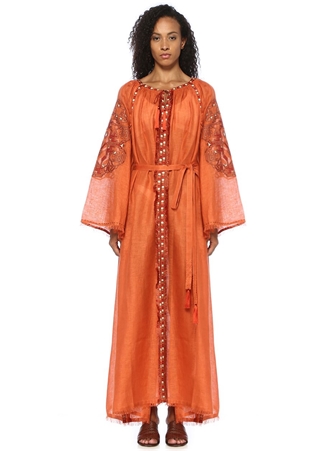 Sleeping Gypsy Kadın Turuncu Etnik Nakışlı Püsküllü Maksi Keten Elbise S EU