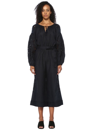 Sleeping Gypsy Kadın Lacivert Lazer Kesim Detaylı Kuşaklı Keten Tulum XS EU