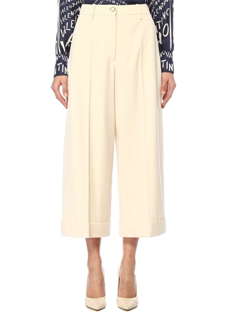 Valentino Kadın Ekru Yüksek Bel Bol Paça Pilili Crop Yün Pantolon Beyaz 38 IT