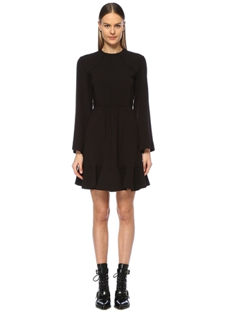 Chloe Kadın Siyah Bisiklet Yaka Uzun Kol Volanlı Mini Elbise 36 FR