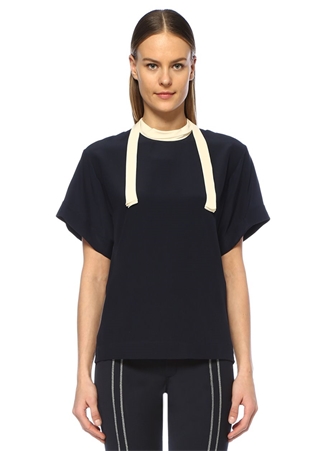 Chloe Kadın Lacivert Ekru Yakası Bağlı Yarım Kol İpek Bluz 36 FR