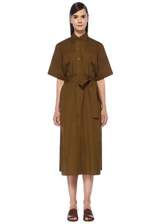 Vince Kadın Haki Beli Kuşaklı Kısa Kol Midi Gömlek Elbise Kahverengi S EU