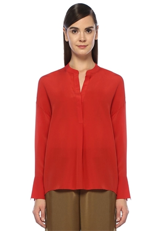 Vince Kadın Kırmızı Bisiklet Yaka Arkası Büzgülü İpek Bluz XS EU